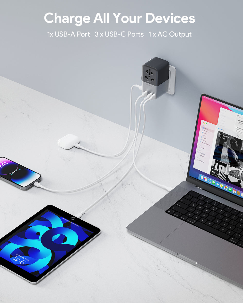 AUKEY PA-TA09A Travel Mate 100W GaN Universal Adapter with USB Ports